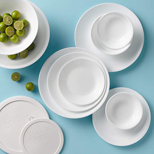 Corelle Vitrelle 78-Piece Service for 12 Dinnerware Set, Triple Layer Glass and Chip Resistant, Lightweight Round Plates and Bowls Set, Winter Frost White