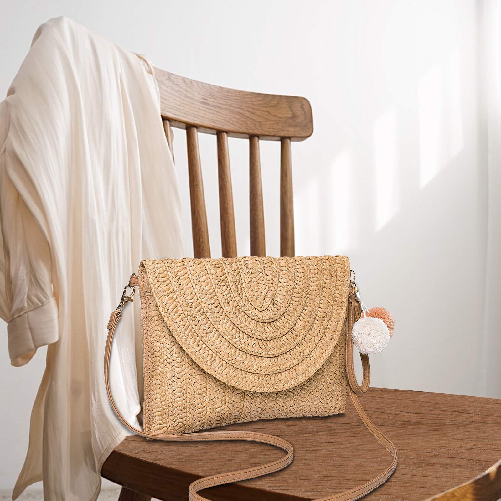 Kadell Straw Shoulder Bag, Women Straw Envelope Clutch Purse, Chic Handmade Straw Crossbody Bag, for Summer Beach (Brown-with pompoms)