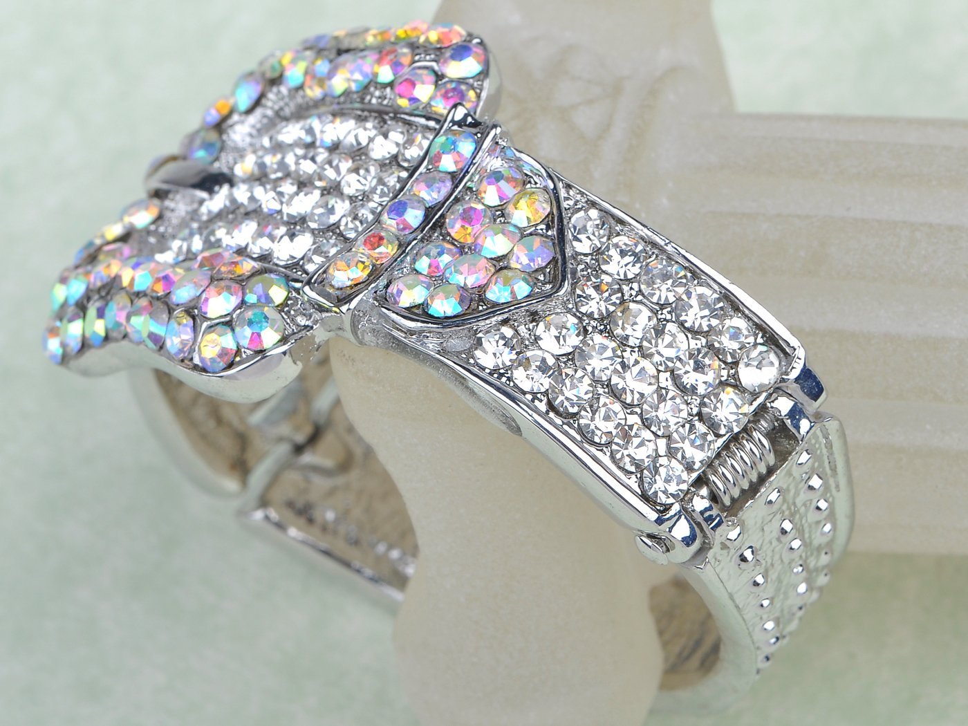 Alilang Silvery Tone Iridescent Clear Crystal Colored Rhinestones Belt Buckle Cuff Bracelet