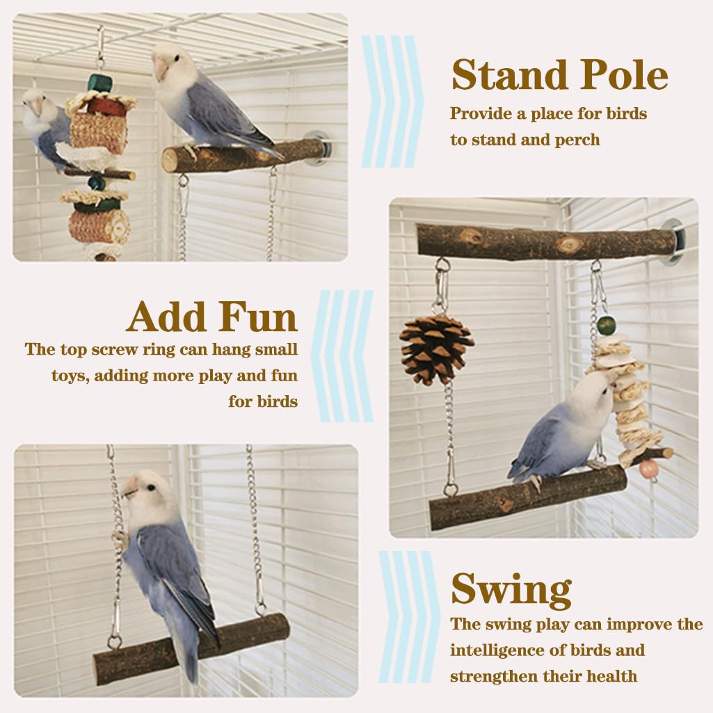 Bird Swing, Natural Wooden Parrot Cage Toys Bird Perch Stand for Parakeets Cockatoos Conures Lovebirds Bird Cage Accessories