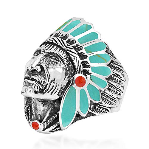 AeraVida Simulated Green Turquoise & Reconstructed Red Coral Accented Native American Style .925 Sterling Silver Ring