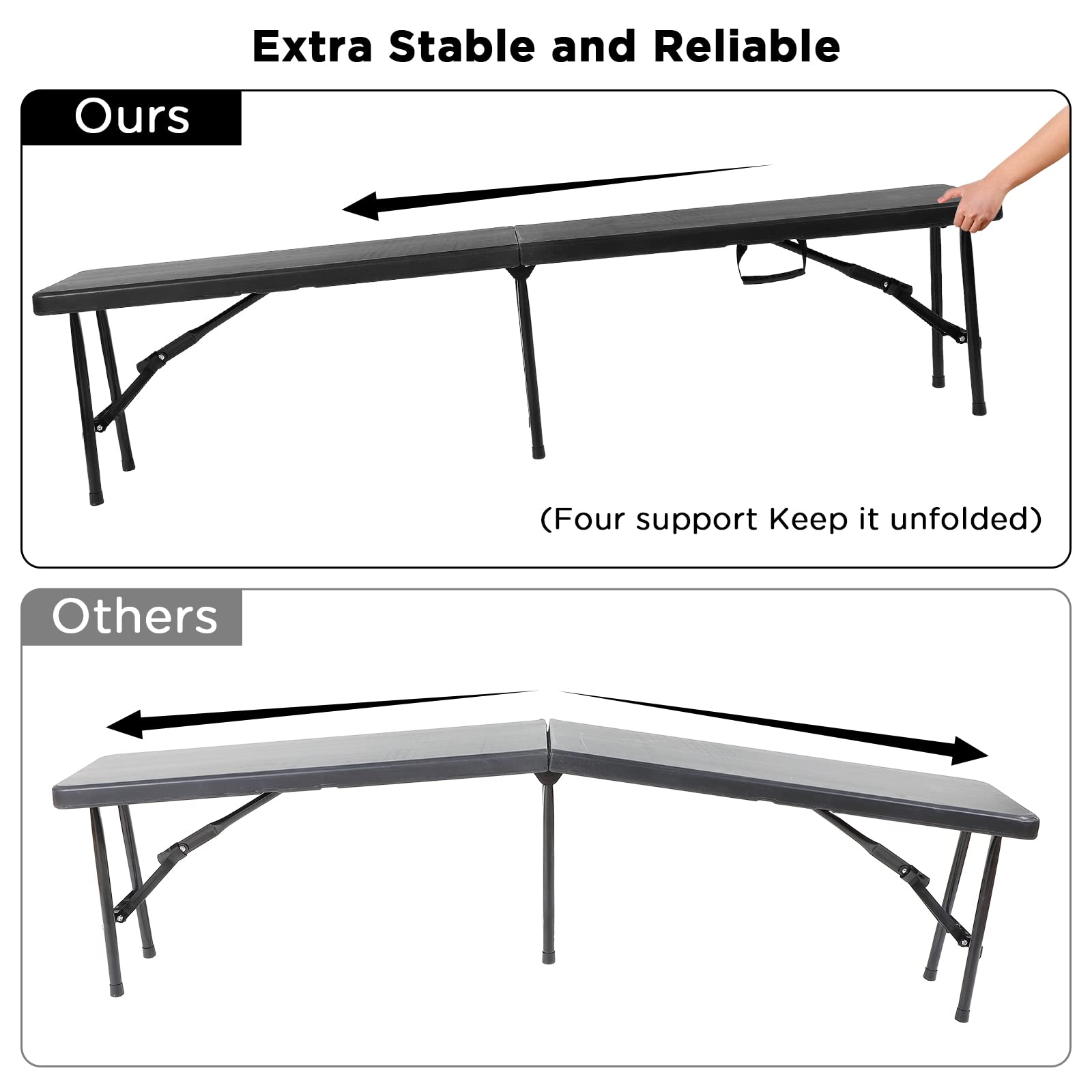 Black Folding Bench 6 Feet Plastic Outdoor Bench Portable Folding Bench Seat Foldable Bench Seating with Carrying Handle for Dining Camping Picnic BBQ Sports Garden Indoor Outdoor Patio Activities