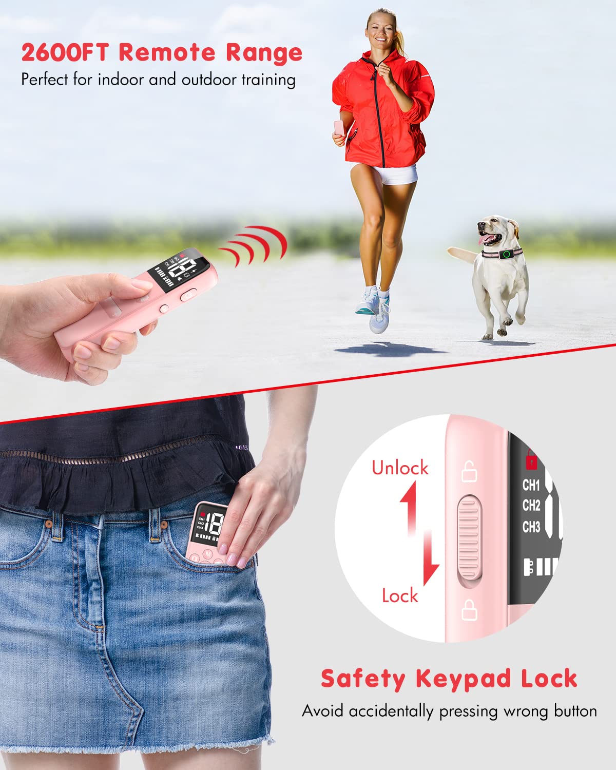 Haoteful Dog Shock Collar with Remote 2600FT, Shock Collar for Large Dog, Medium Small Dogs 8-120lbs, Electric Dog Training Collar with 3 Modes Beep, Vibration, Static Shock, Security Lock (Pink)