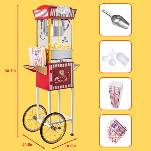Cornrush Popcorn Maker Professional Cart Retro Classic Popcorn Popper Machine 8 Ounce with Nonstick Kettle for Home Use, Party and Birthday Gift, Red