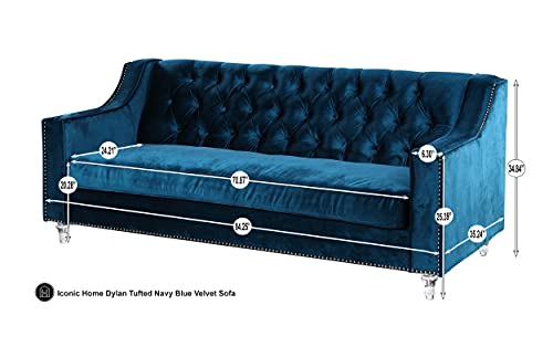 Iconic Home Dylan Velvet Modern Contemporary Button Tufted with Silver Nailhead Trim Round Acrylic Feet Sofa