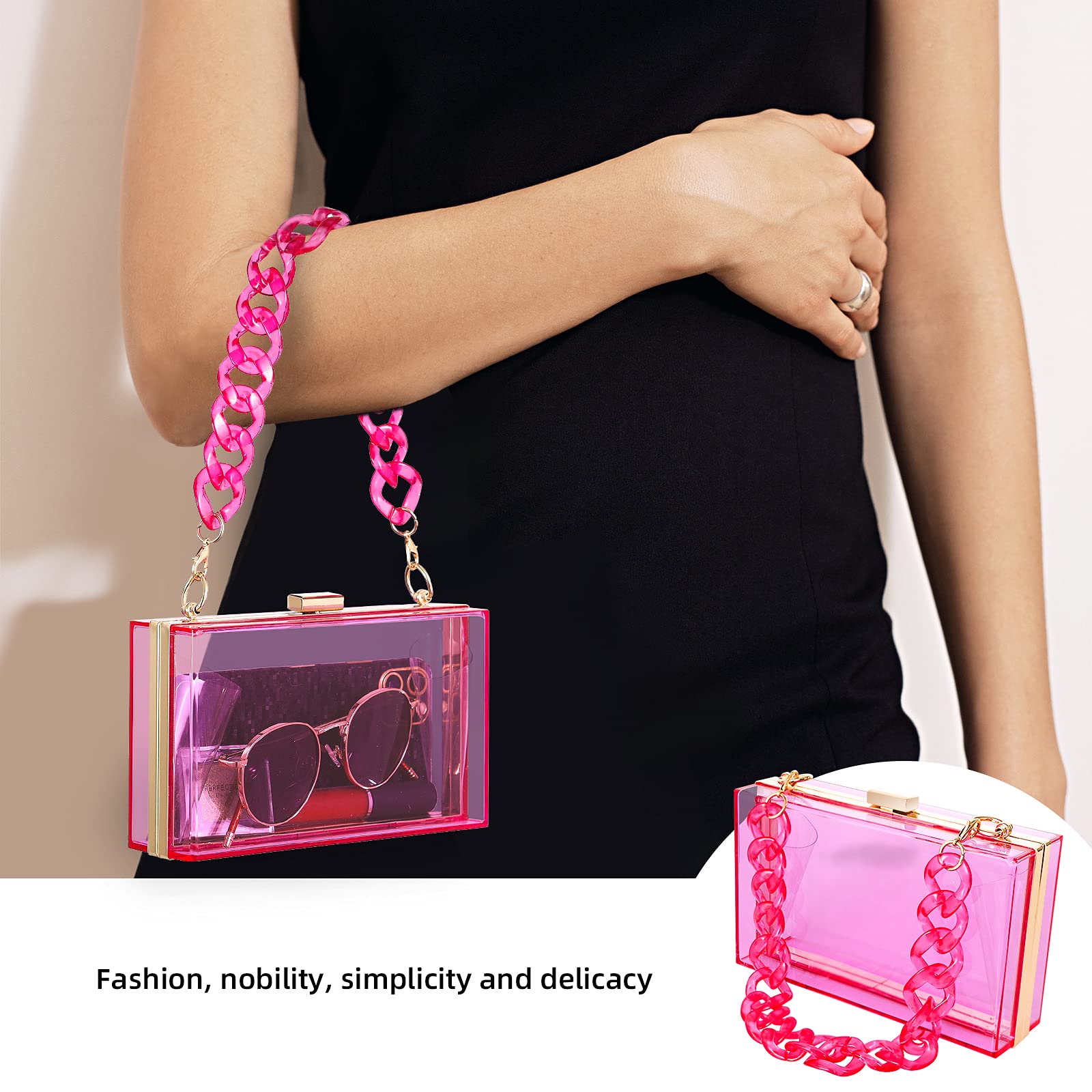 WJCD Women Clear Purse Acrylic Box Clutch Handbag, Small Transparent Crossbody Evening Bag Stadium Approved Gold Chain Strap (Purple 2 chains)