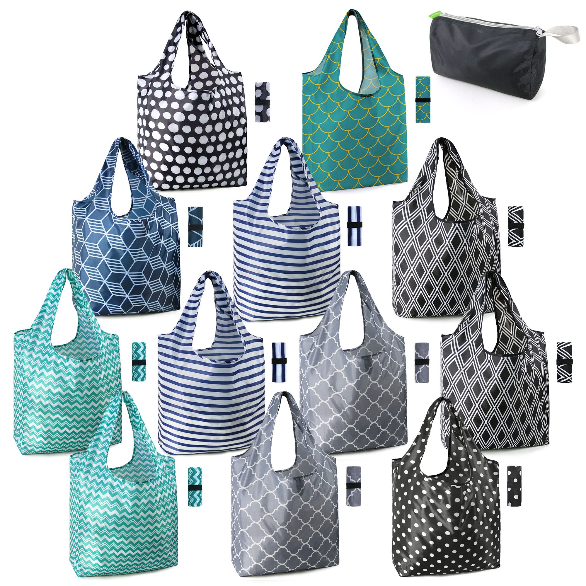 BeeGreen 12 Pack Reusable Shopping Bags with Storage Pouch & Elastic Band Geometric Reusable Grocery Bags Bulk 50LBS X-Large Foldable Machine Washable Heavy Duty Eco Tote Bags Recyling Bags w Handle