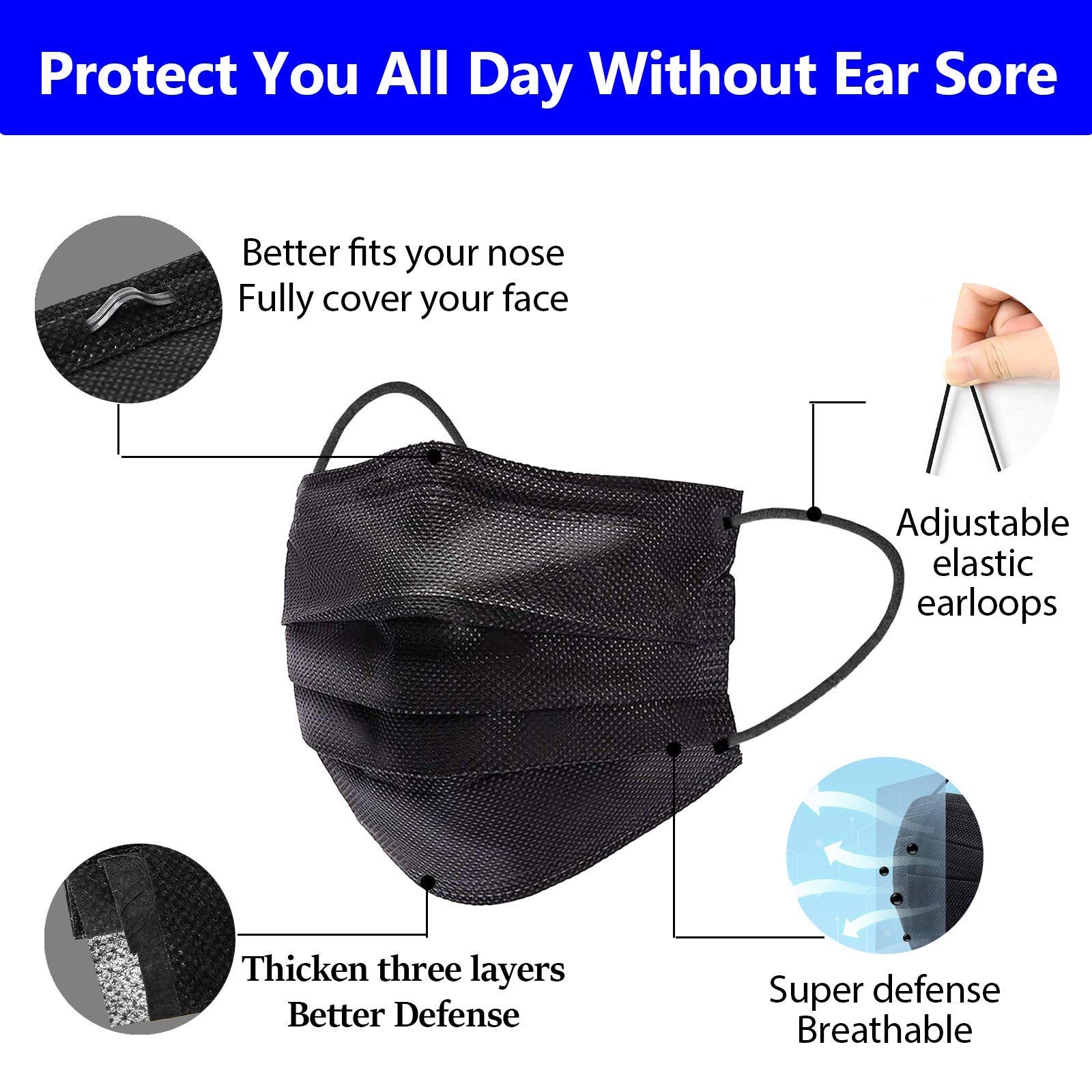 50 PCS Black Disposable Face Masks Safety Soft Breathable Elastic Ear Loop Face Masks for Women and Men Daily Comfy mask(50, Black)…