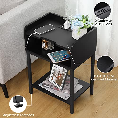 farexon Nightstand with Charging Station and USB Ports,Nightstand with Storage Drawer and Shelf, Small Bedside Table,End Table Night Stand for Bedroom(1 PCS, Black)