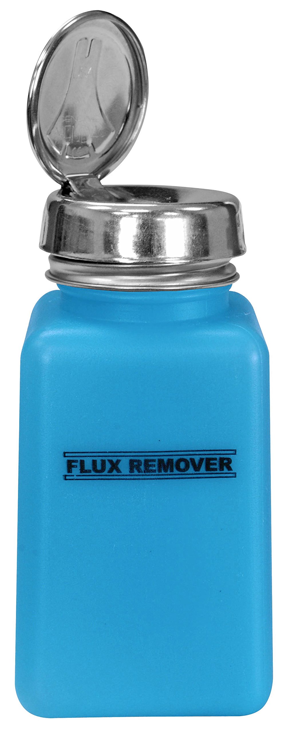 Menda - MDA-5317 MENDA 35594 One Touch Stainless Steel Liquid Dispenser Pump, ESD Safe durAstatic Bottle, Printed Flux Remover, 6 oz, High Density Polyethylene/Stainless Steel, Blue