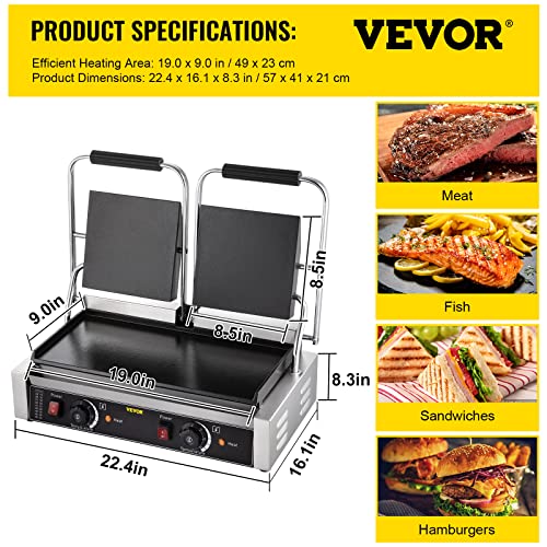 Happybuy Commercial Sandwich Panini Press Grill, 2X1800W Double Flat Plates Electric Stainless Steel Sandwich Maker, Temperature Control 122°F-572°F for Hamburgers Steaks Bacons