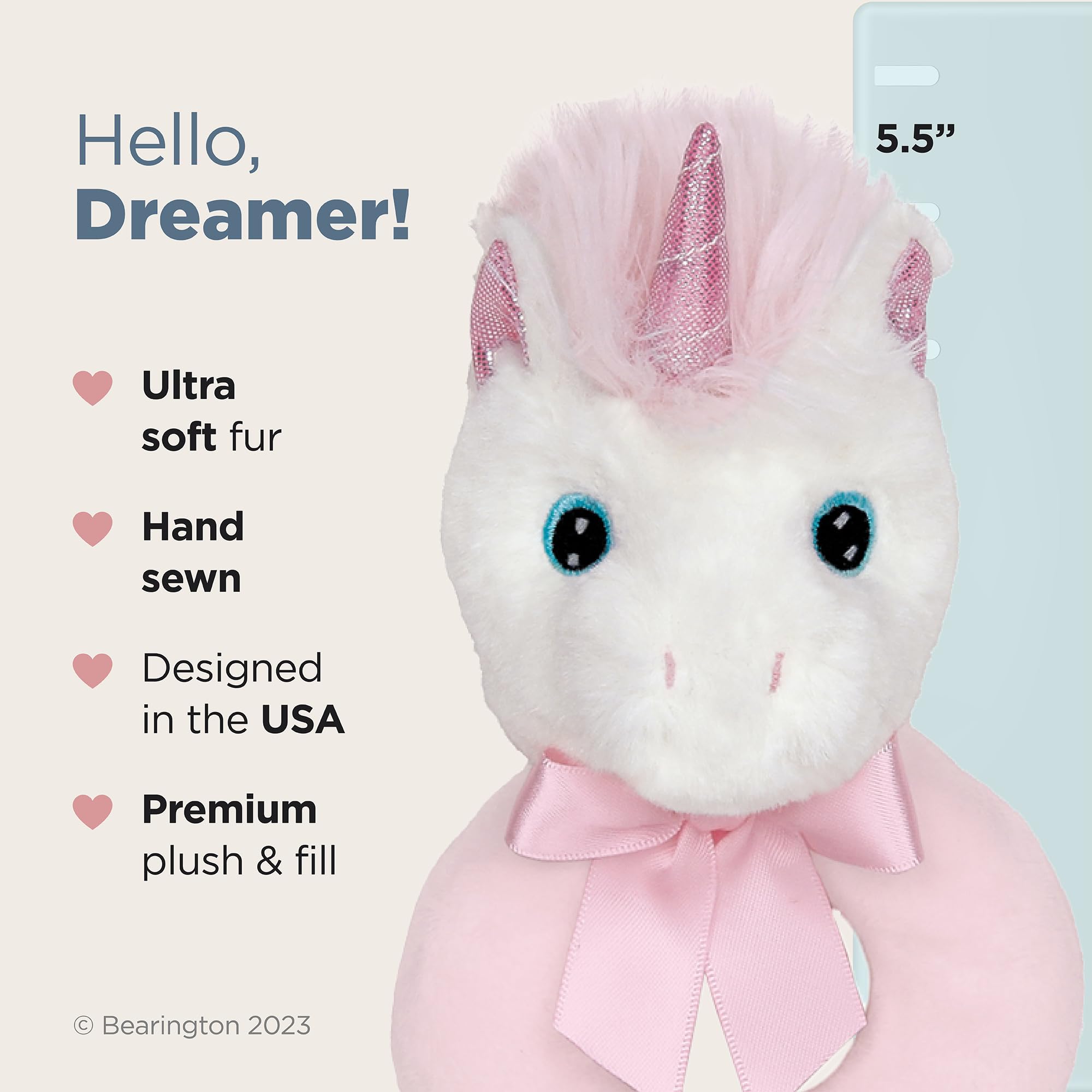 Bearington Collection Baby Dreamer, 5.5 Inch Unicorn Plush Stuffed Animal Soft Ring Rattle, Baby Stuff for Newborn