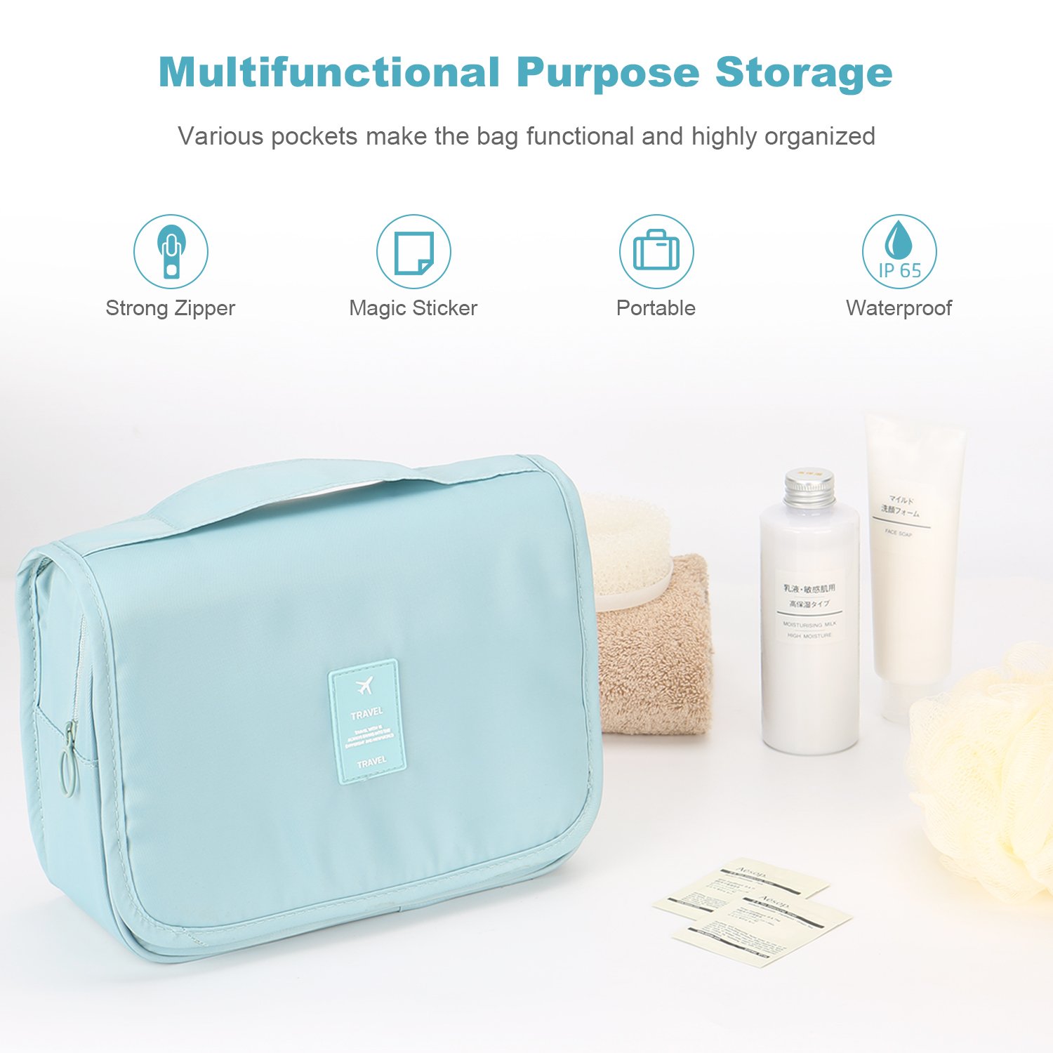 Mossio Hanging Toiletry Bag - Large Cosmetic Makeup Travel Organizer for Men & Women with Sturdy Hook (Beige)