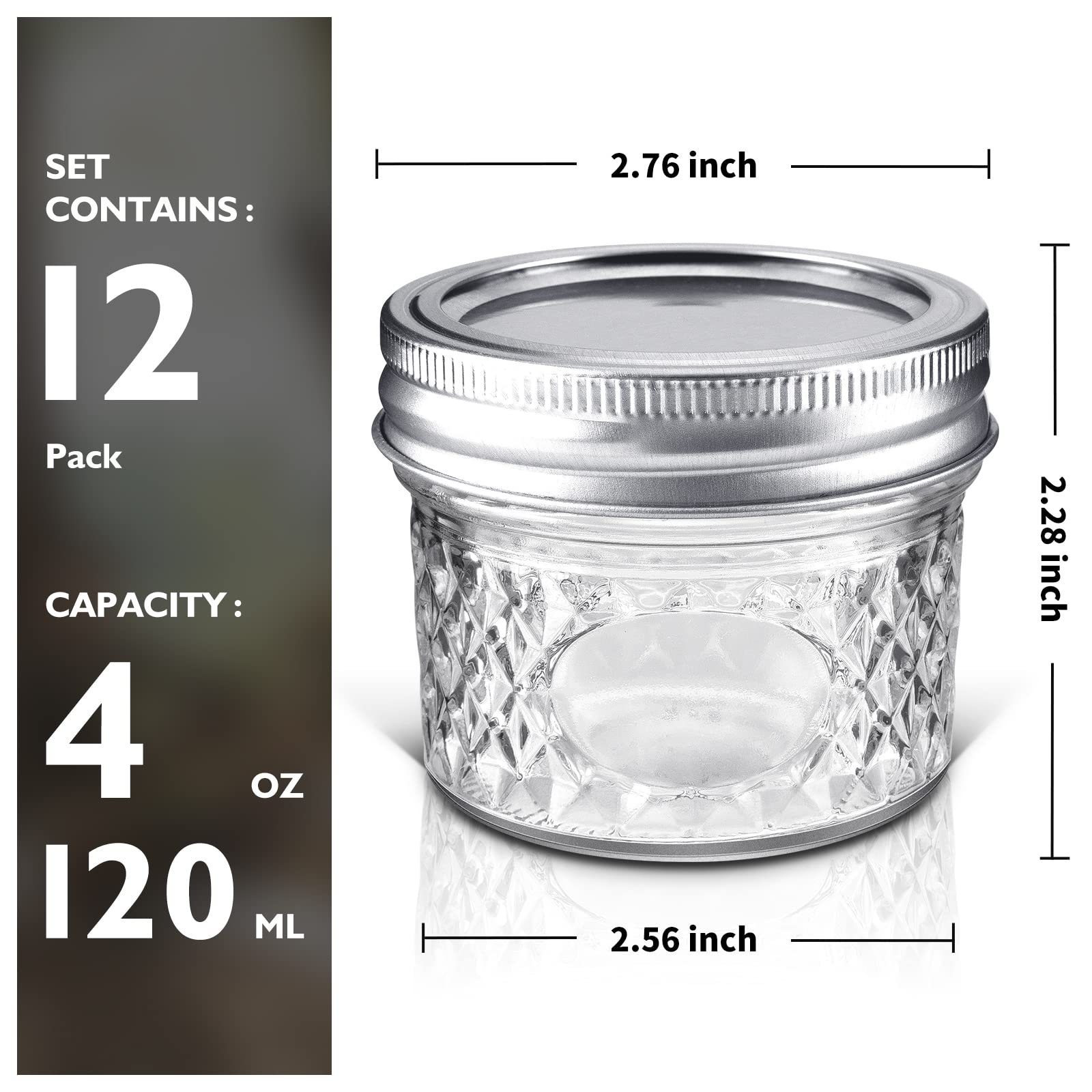 asika Mini Glass Jars,Canning Jars 4 oz With Lids, Small Glass Jars Ideal for Food Storage, Jam, Spice,Candle,Honey,Wedding Favors(12 PACK)