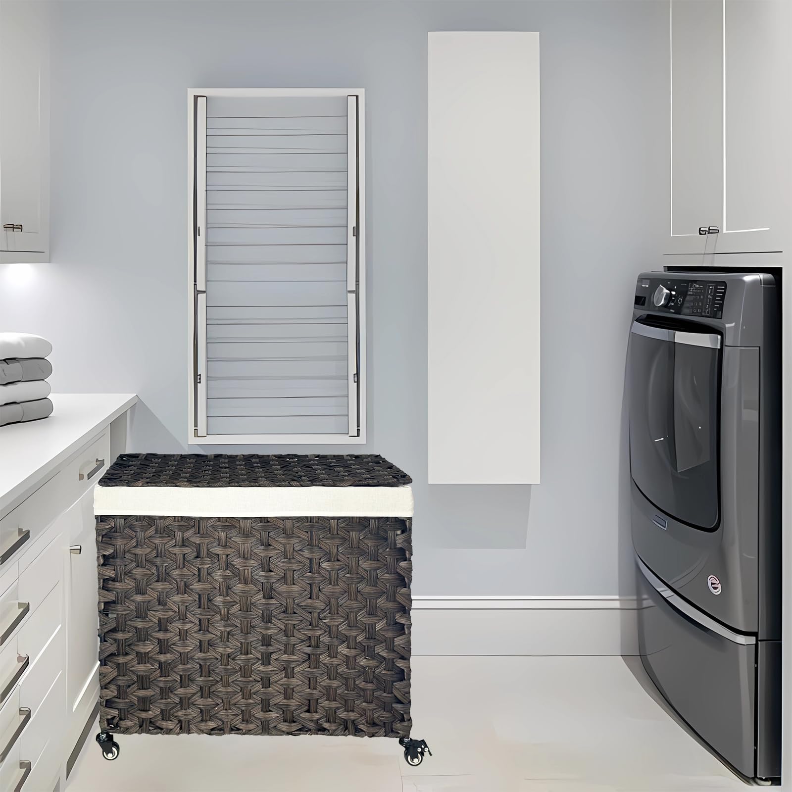 MOORLITER Wicker Laundry Basket with Lid, 34.3 Gallon(130L) Laundry Hamper with Wheels, 3 Section Laundry Hamper, Rolling Laundry Basket, Removable Liner, Laundry Room, 26x13x26 Inches, Dark Brown
