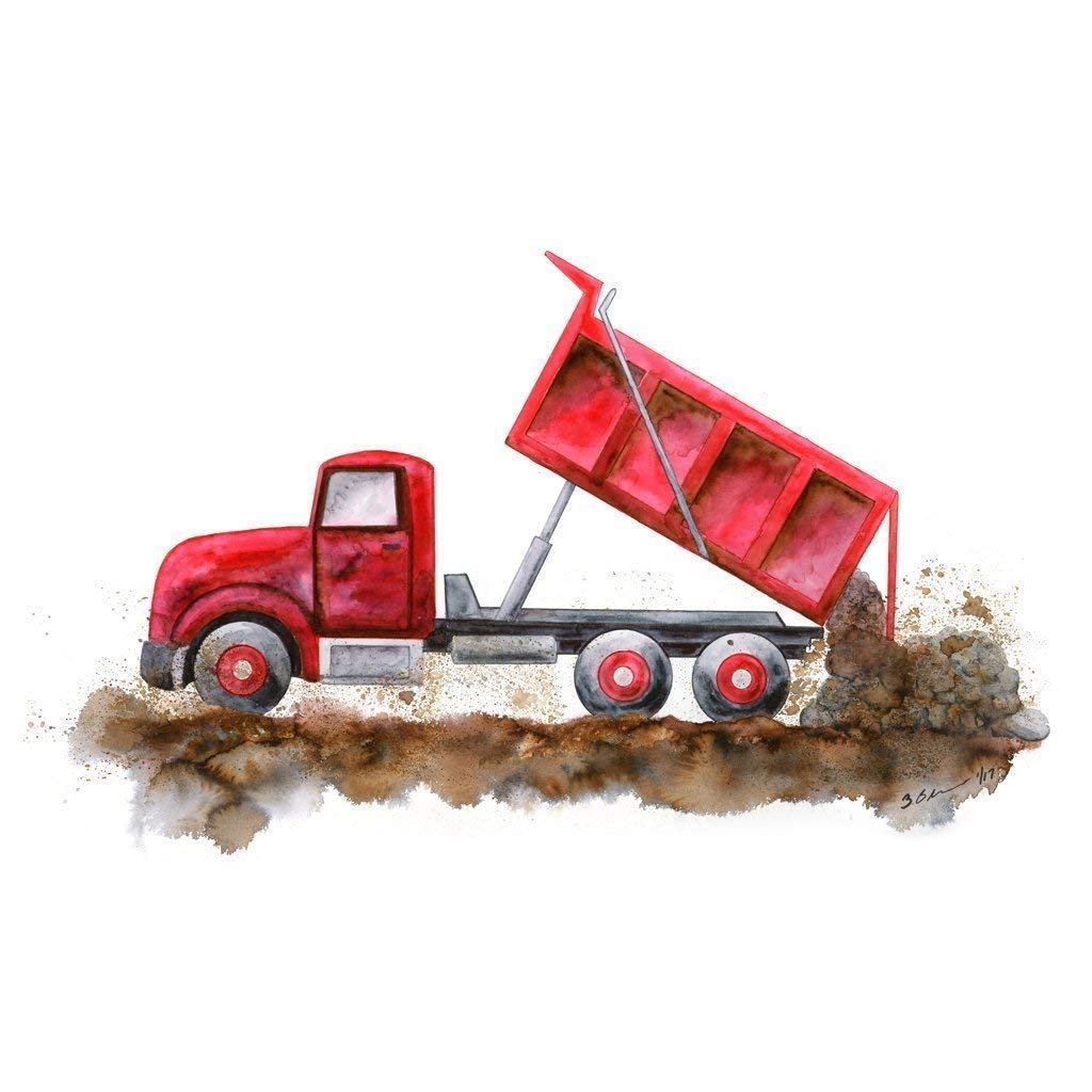 Construction Equipment Nursery Art Print Set, Set of 4 Truck Prints - Blue Cement Mixer, Green Excavator, Red Dump Truck and Yellow Bulldozer - Other Vehicles and Different Sizes Available