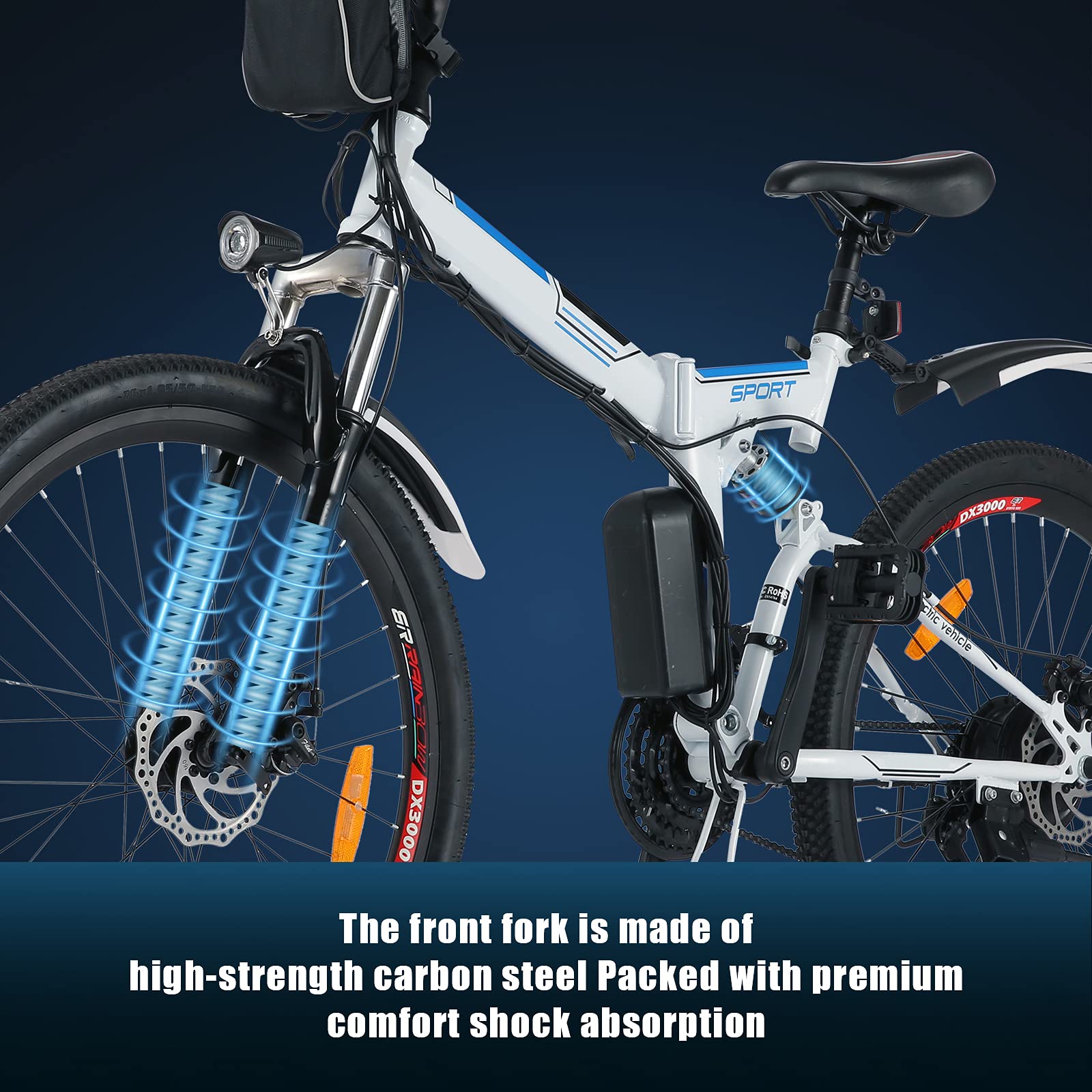 Aceshin 26'' Folding Electric Mountain Bike 250W Electric Bicycle with Removable Large Capacity Lithium-Ion Battery, Professional 21 Speed Gears (White)