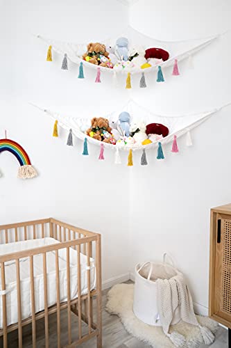 Mkono Stuffed Animal Toys Hammock Boho Hanging Stuff Animals Storage Organizer with Decorative Tassels Corner Large Capability Toy Net Holder for Nursery Playroom Kid's Room Bedroom, 2 Pieces, Small