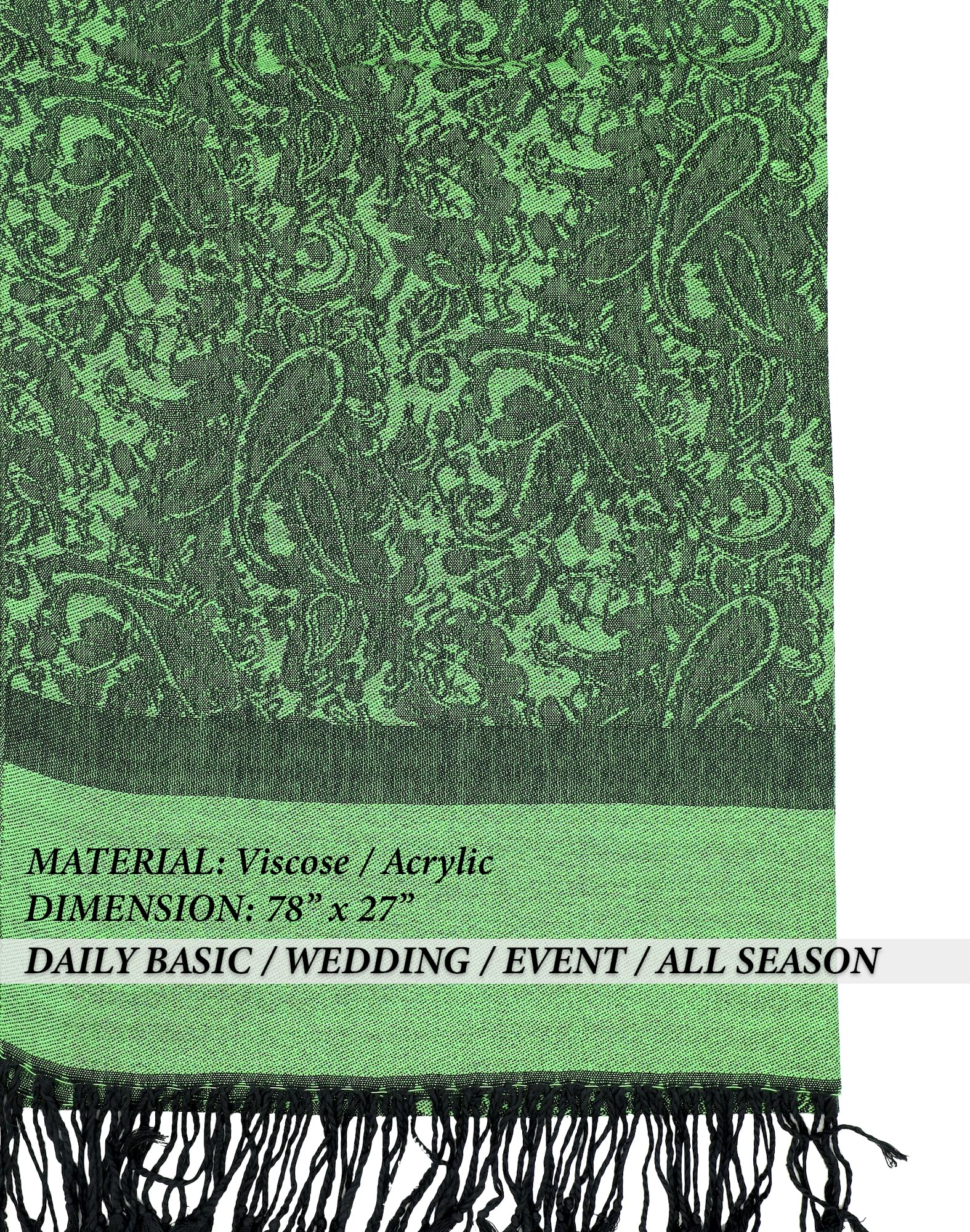 Achillea Women's Two Tone Vintage Jacquard Paisley Pashmina Shawl Wrap Scarf (Kelly Green)