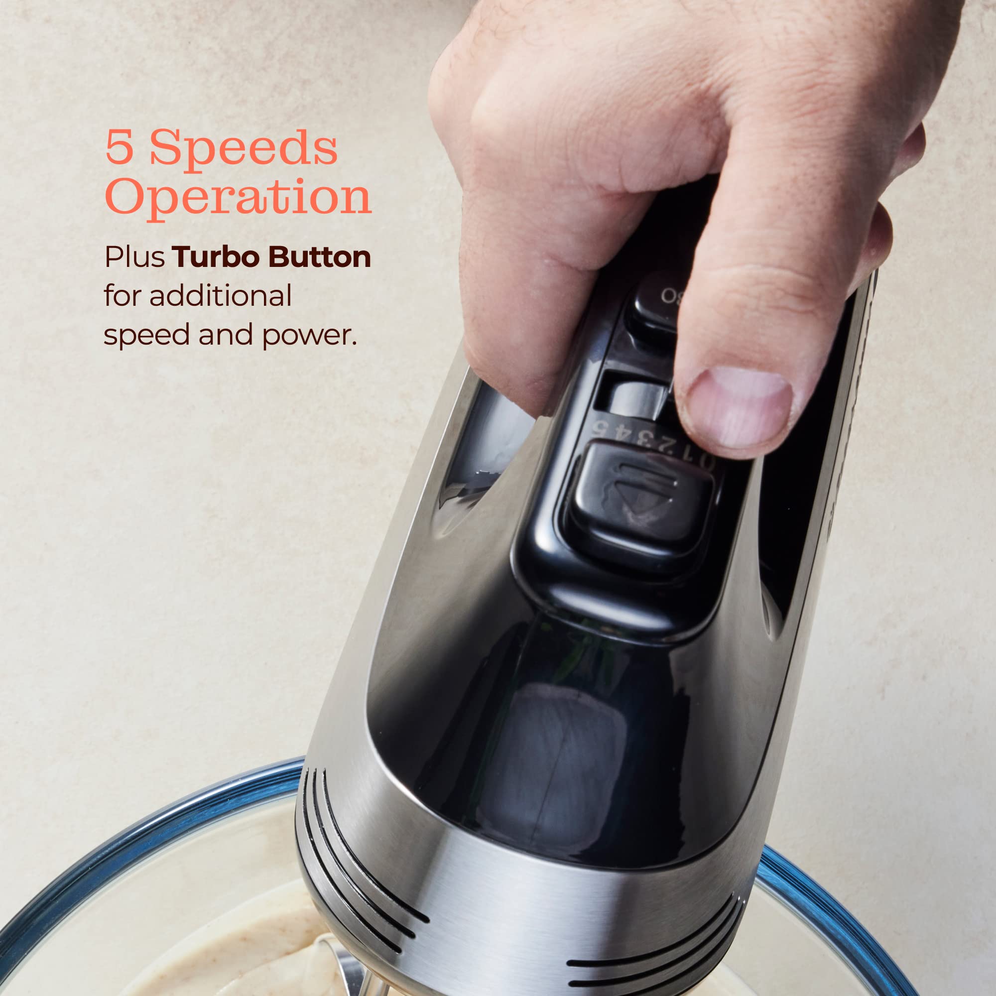 Powerful Electric Kitchen Hand Mixer, 200 Watts, 5 Speed Food Handheld Mixer, with Turbo Button, Dough, Whisk and Beater Attachments, and Accessory Bin, for Dough, Eggs, Batter, (White)
