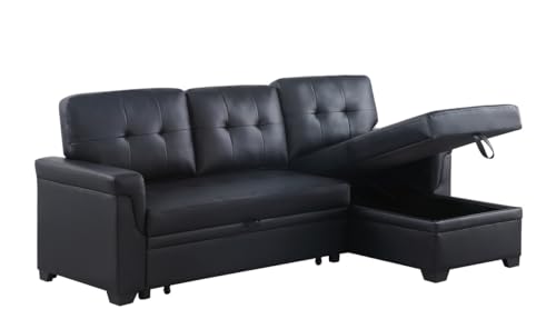 Lilola Home Lexi Black Synthetic Leather Modern Reversible Sleeper Sectional Sofa with Storage Chaise