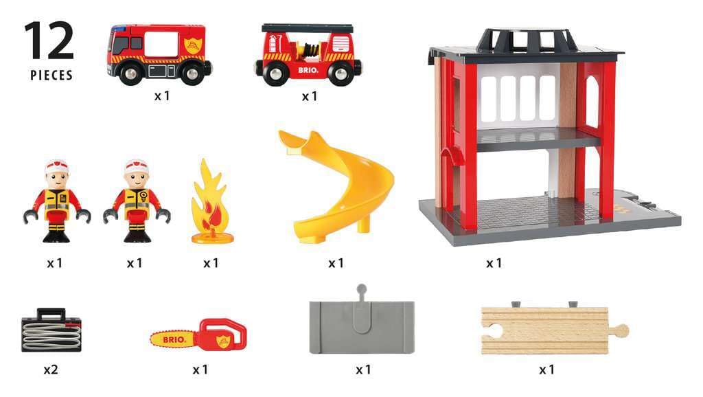 BRIO 33833 World Central Fire Station - Interactive Toy Set with Fire Truck and Accessories | Light and Sound Features | Compatibility with All BRIO Railway Toys | Safety Tested | for Kids Ages 3+