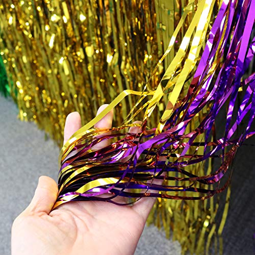 GIFTEXPRESS 2 Pack Mardi Gras Metallic Fringe Table Skirts, Mardi Gras Party Table Skirt (Gold Green Purple, 2-pack)