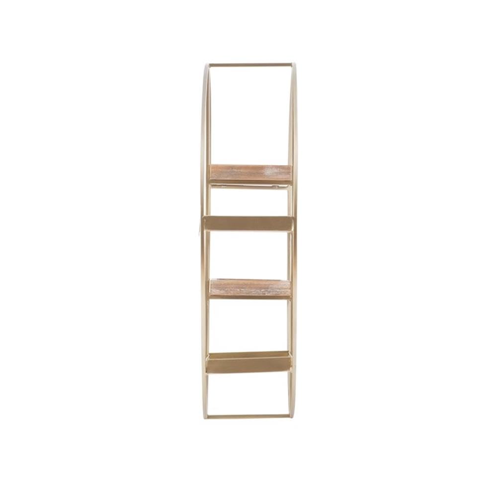 Linon Kenson Round Metal and Greywashed Wood Four Shelf Wall Storage in Gold