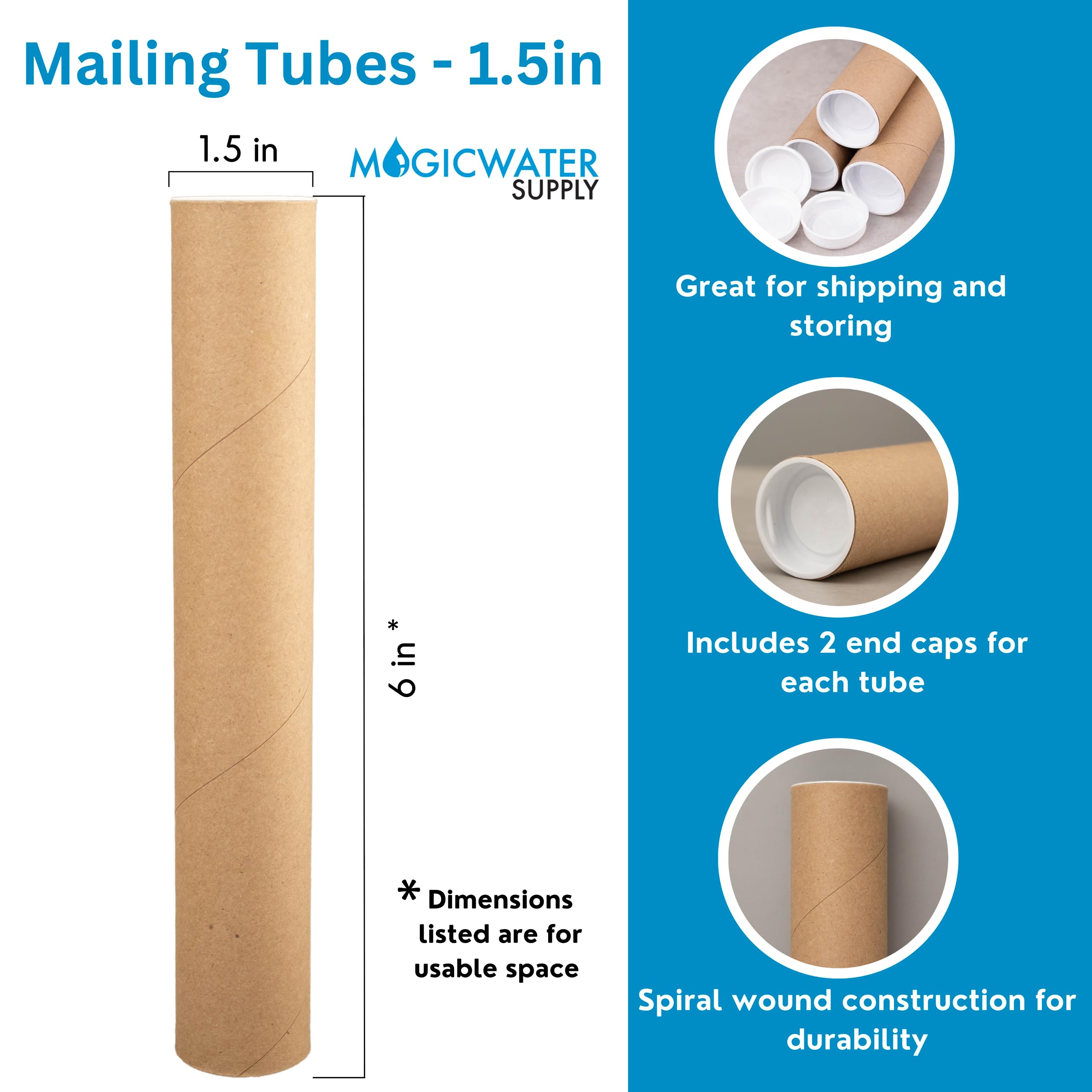 MagicWater Supply Mailing Tube - 1.5 in x 6 in - Kraft - 2 Pack - for Shipping and Storage of Posters, Arts, Crafts, and Documents