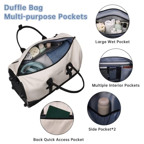 ETRONIK Rolling Duffle Bag with Wheels, 21 Inch Flight Approved for Travel Toiletry Bag, Carry on Luggage Overnight Bags Women Shoe Compartment, Beige