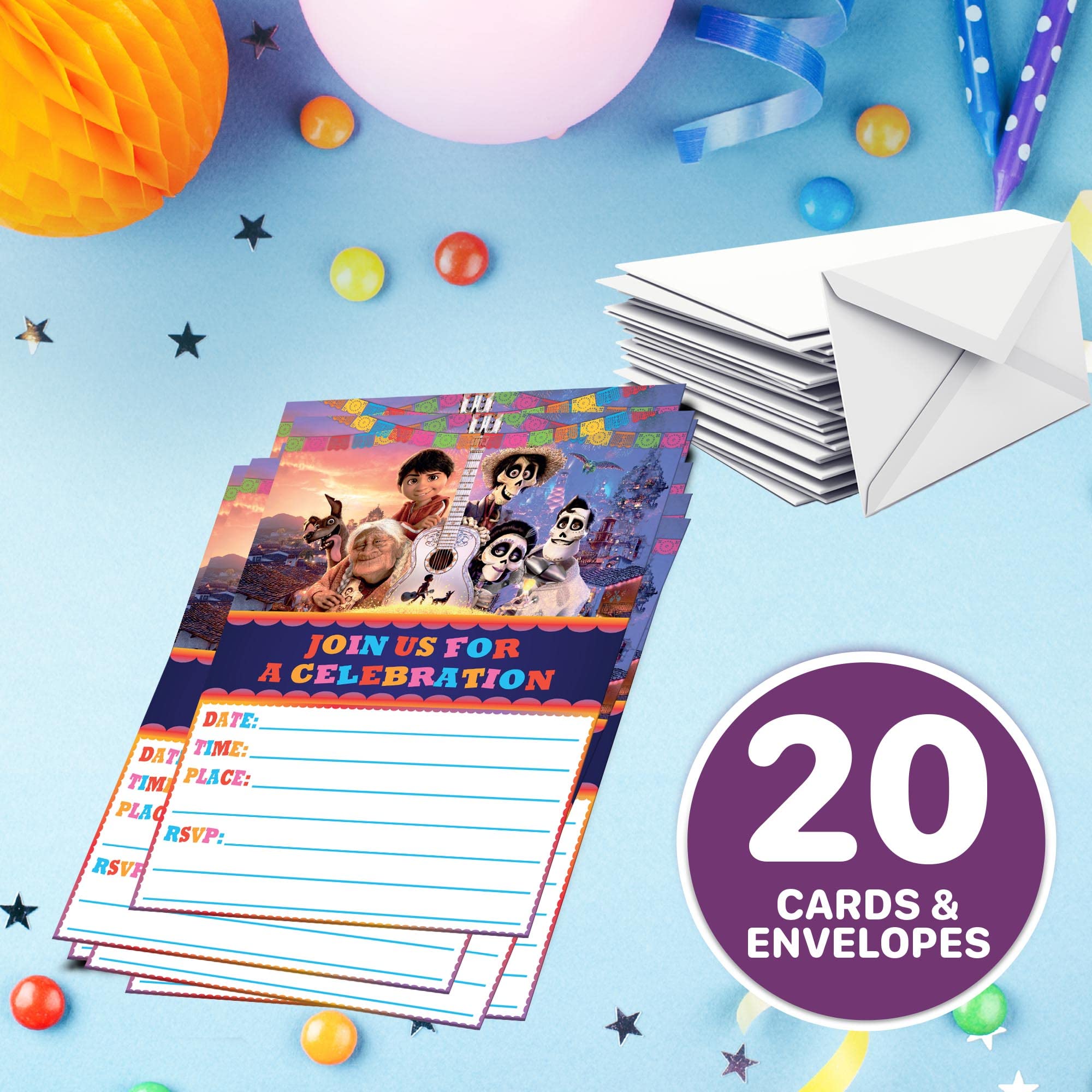 Set of 20 Coco -Themed Happy Birthday Invitation Cards & Envelopes - Lightweight (240g), Postcard Style Invites for the Perfect Party Pack