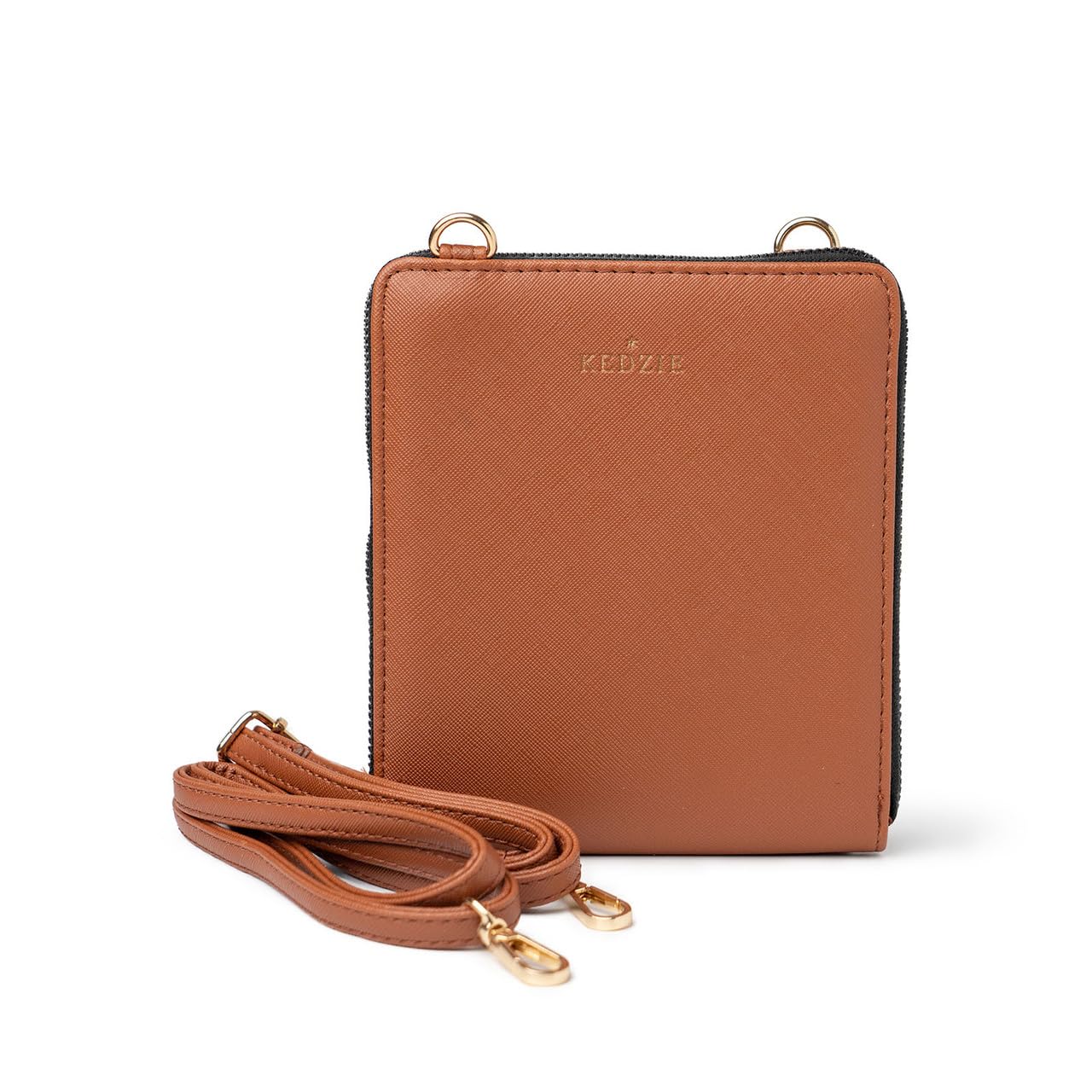 KEDZIE Best Little Bag in Saffiano Vegan Leather Crossbody Bag For Women With Removable Adjustable Strap - Chestnut