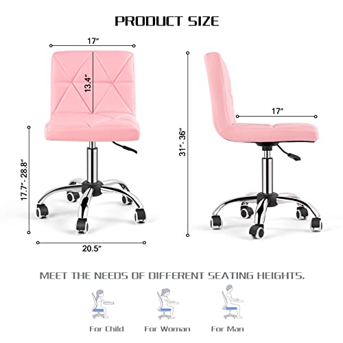 COSVALVE Armless Desk Chair Set of 2, Low Back Swivel Office Chair, Adjustable Task Chair with Rolling Wheels and Diamond Pattern, for Home Computer Barber, 2-Pack, Pink