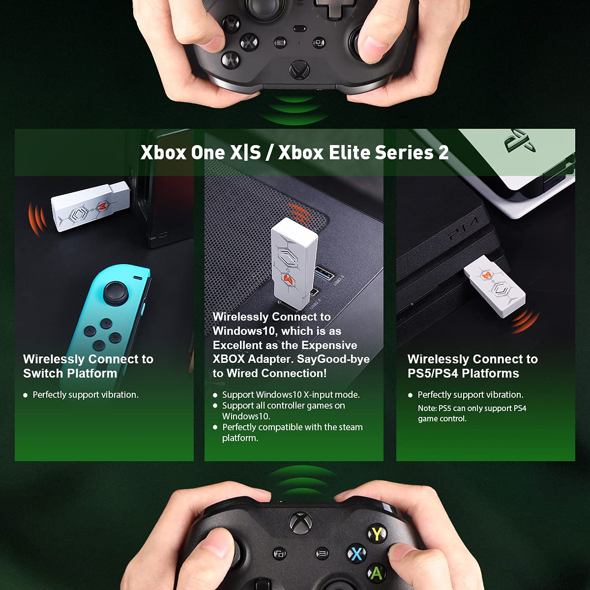 Controller Adapter, BIGBIG WON Wireless Bluetooth Controller Adapter for Xbox One X|S/Elite Series 2/PS5/PS4/Switch Pro Wireless Console Adapter for PS5/PS4/Switch/Windows 10 PC with a OTG Cable (1pc)