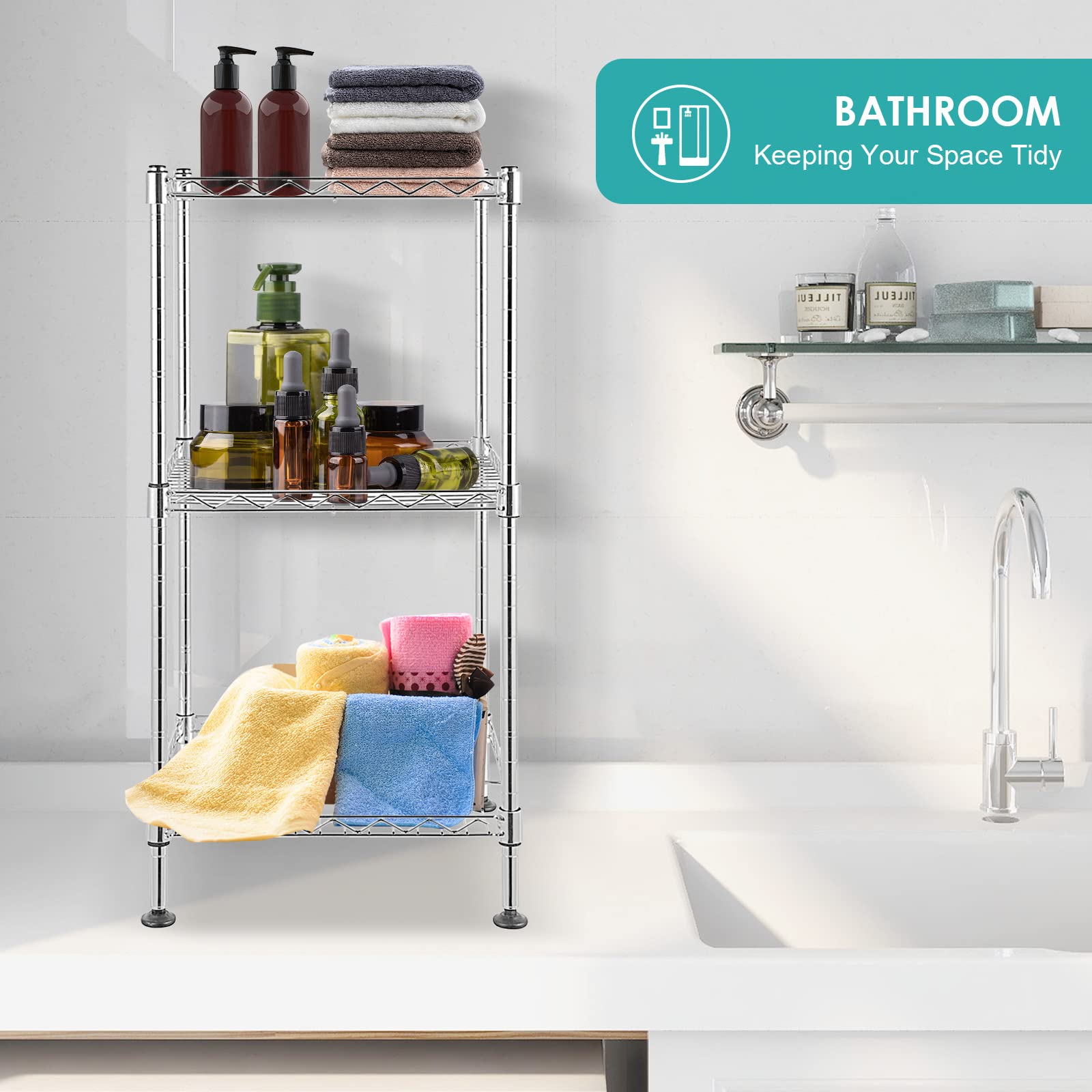 ANTSKU 3-Tier Adjustable Shelving Unit, Metal Wire Rack with Leveling Feet, Standing Storage Shelf for Laundry, Bathroom, Kitchen, Pantry, Closet (12" D x 12" W x 23.5" H, Chrome)