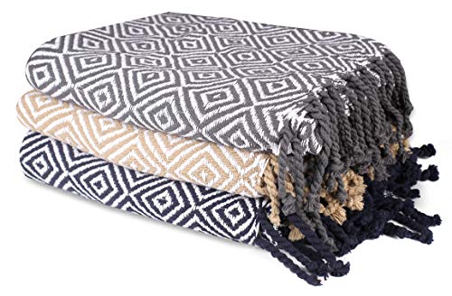 Throw Blanket With Fringes In Diamond Design 50x60 Inch - Charcoal White Cotton Throw For Sofa, Chair, Bed, & Everyday Use, Well crafted for durability, Farmhouse Throw,All Season Throw Blanket