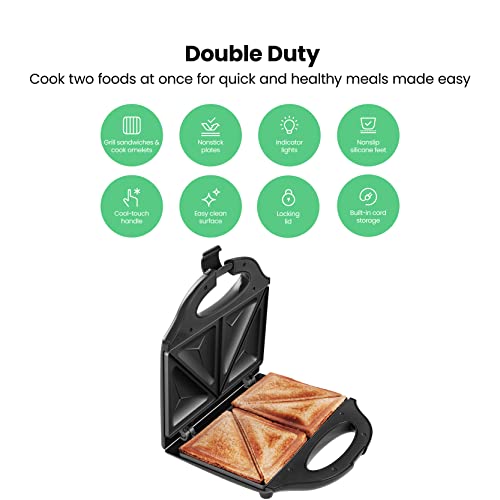 Chefman Portable Sandwich Maker, Compact, Nonstick, Electric Omelet Maker, Panini Press, Pocket Sandwich Press, and Quesadilla Maker, with Indicator Lights, Locking Lid, and Cord Storage