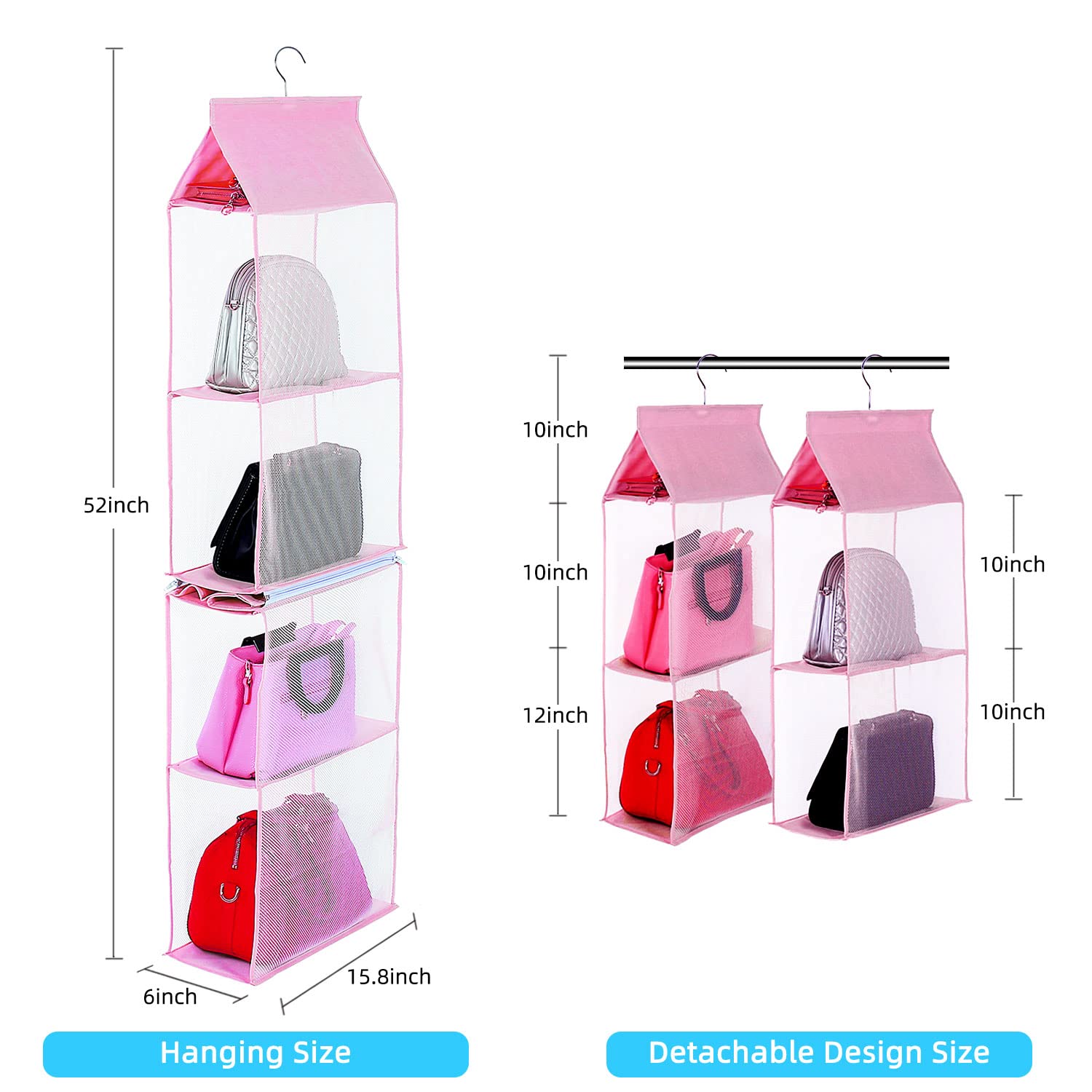 KEEPJOY Closet Purse Organizer, Hanging Handbag Organizer with 4 Heavy-Duty Mesh Shelves Closet Purse Storage Bag (Pink)