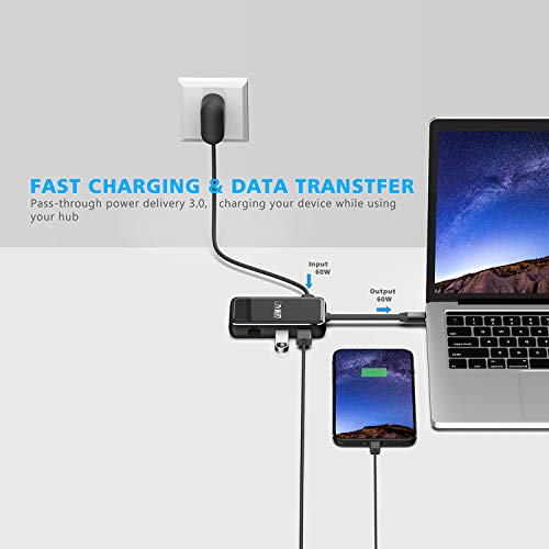 USB C Hub, LINKWIN 6 in 1 Tempered Glass USB C Multiport Adapter, USB C to HDMI, VGA, 2 USB 3.0 Ports, USB C Charging, RJ45 Gigabit Ethernet, USB C Dock Dongle Compatible Apple MacBook Pro 13 (Black)