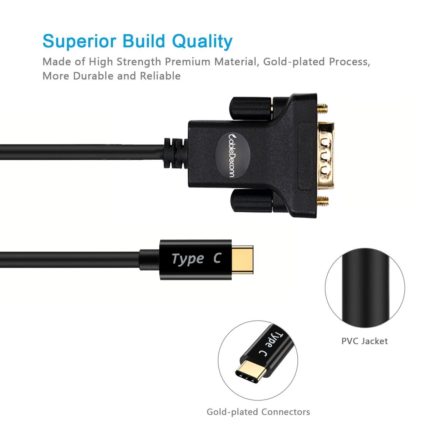 USB-C To VGA,CableDeconn Thunderbolt 3 Type C to VGA Male Converter Adapter Cable 1.8M