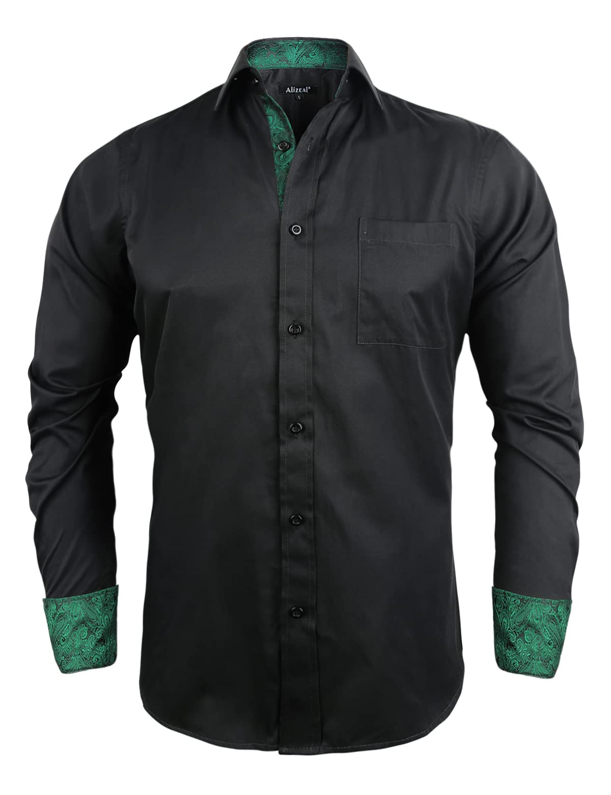Alizeal Men's Business Slim Fit Dress Shirt Long Sleeve Patchwork Button-Down Shirt, Black and Dark Green-L