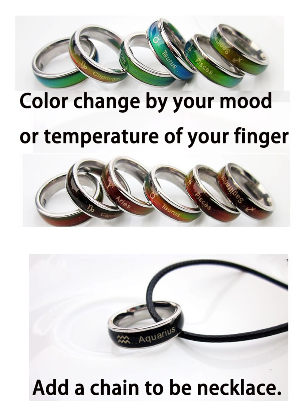 ACCHEN Mood Ring Constellation Changing Color Emotion Feeling Finger Ring with Box (Pisces)