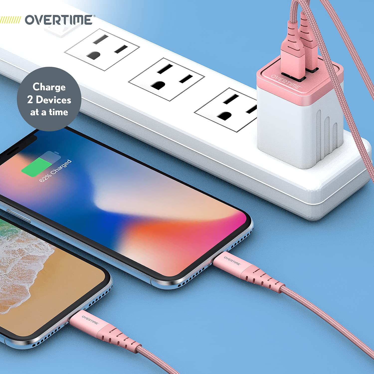 overtime iPhone Charger Set, Apple MFi Certified Lightning Cable with Dual USB Wall Adapter 2.4 AMP Compatible w/iPhone 11 Pro Max XS XR X 8 7 6S 6 Plus SE AirPods iPad (Rose Gold/Rose Gold, 10ft)
