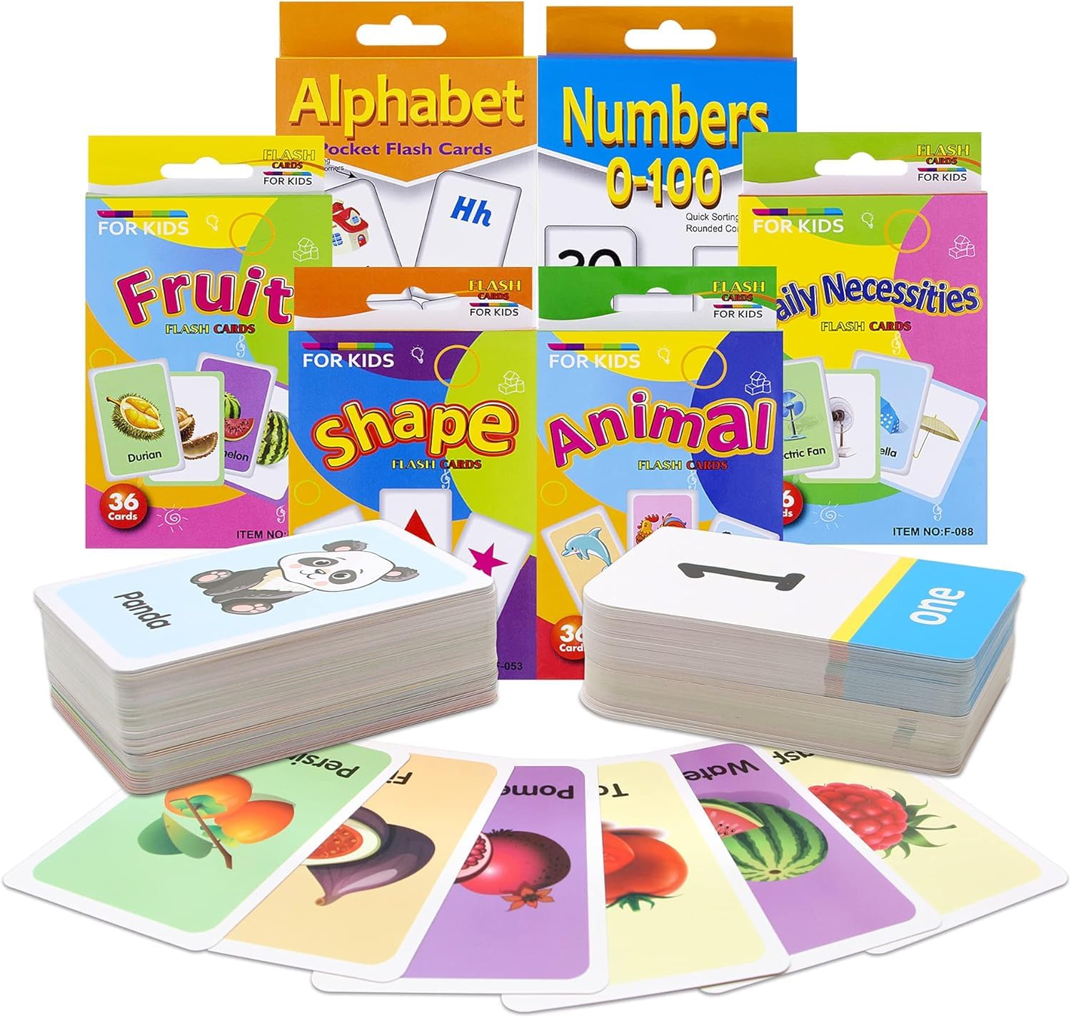 Conzy Flash Cards for Toddlers 3 4 5 6 Years, Sets of 6 - ABC Alphabet, Number, Shape and Color, Fruit, Animal, Necessities - Great Value Pack First Words Flash Cards for Kindergarten or Preschool