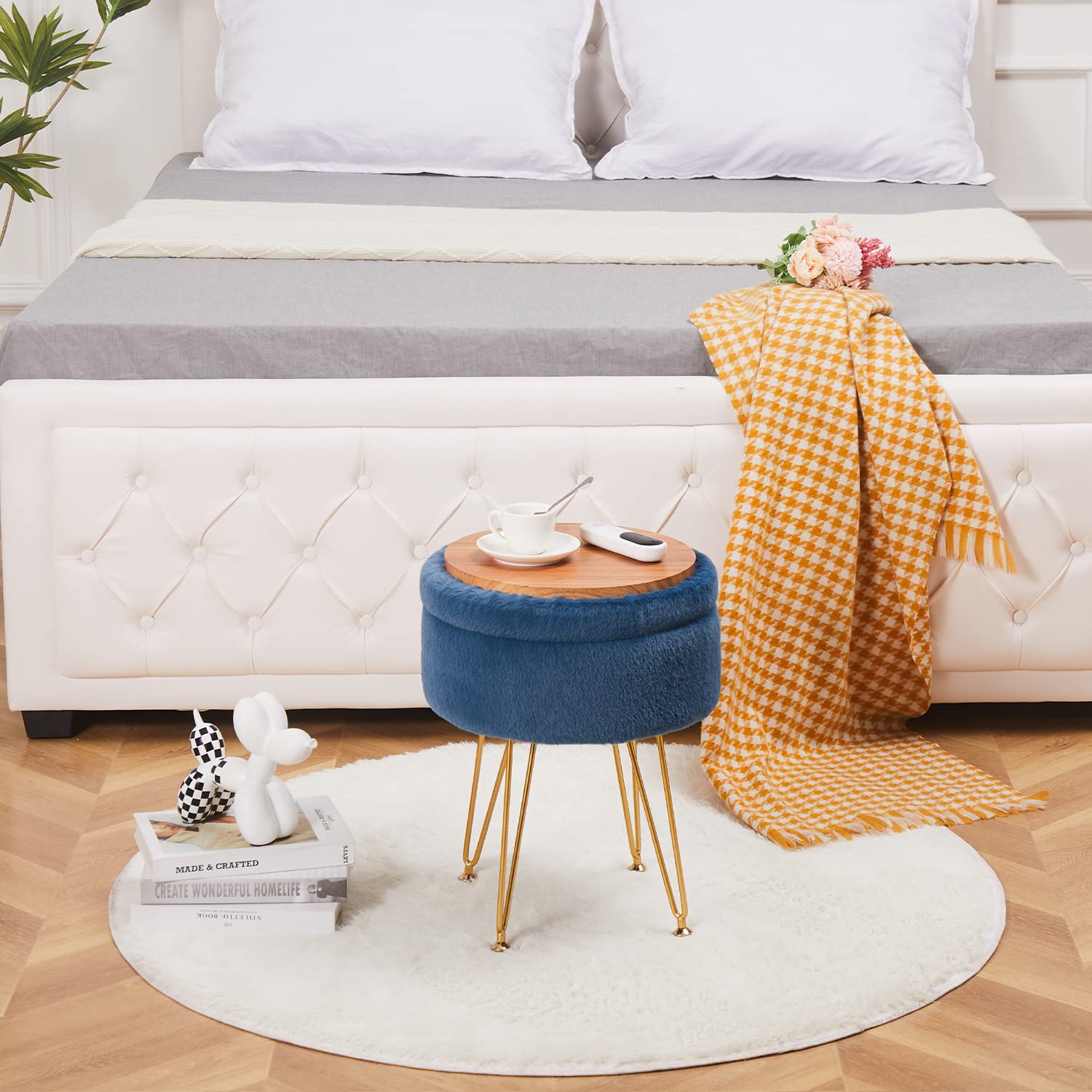 Cplxroc Footrest Footstools Round Faux Fur Ottoman with Storage Space Soft Vanity Chair Seat Coffee Table Ottoman Small Side Table Metal Legs with Adjustable Footings
