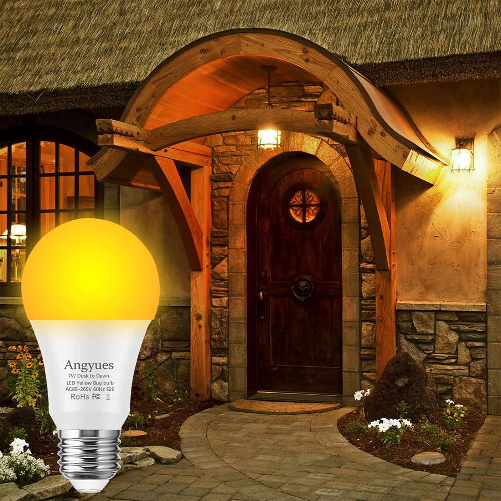 Angyues Yellow Bug Light Bulbs Outdoor, Dusk to Dawn LED Bug Light Bulbs 7W Sensor Bulb 2000K Amber Glow, E26 Automatic On/Off, Used in Corridors, Decks, Courtyards, Terraces, etc, 4 Pack