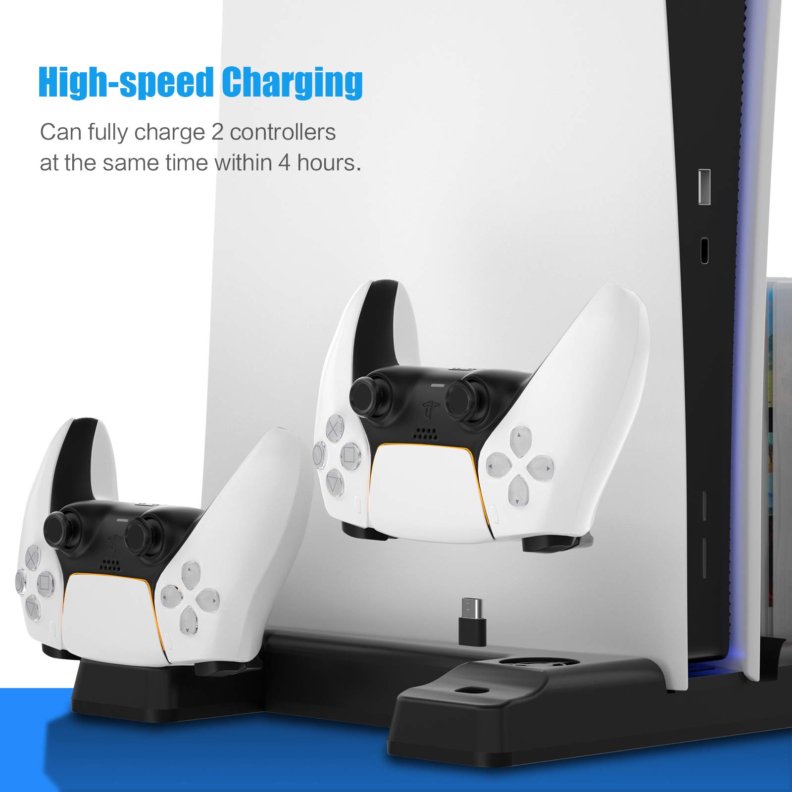 ECHZOVE PS5 Stand with Controller Charger and Cooling Fan, PS5 Digital/Disc Version Stand, PS5 Controller Charger with USB C Cable, PS5 Cooling Stand