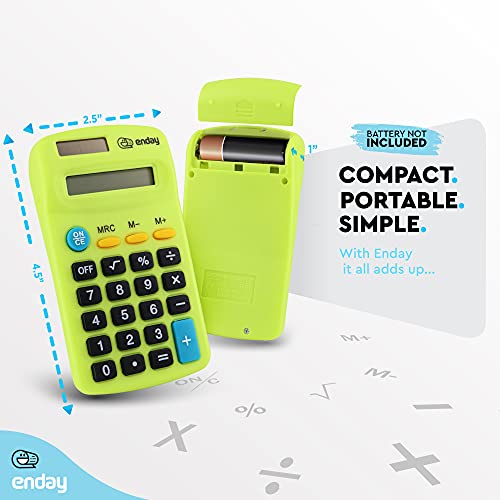 Calculator Green, Basic Small Solar and Battery Operated, Large Display Four Function, Auto Powered Handheld Calculator School and Kids Available in Blue, Red, Purple, Grey, Pink, 1 PK β by Enday