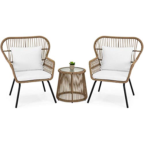 Barton 3 Pieces Bistro Chair Set w/Glass Table Beige Outdoor Patio Furniture Wicker Rattan Modern Conversation Chat Seating