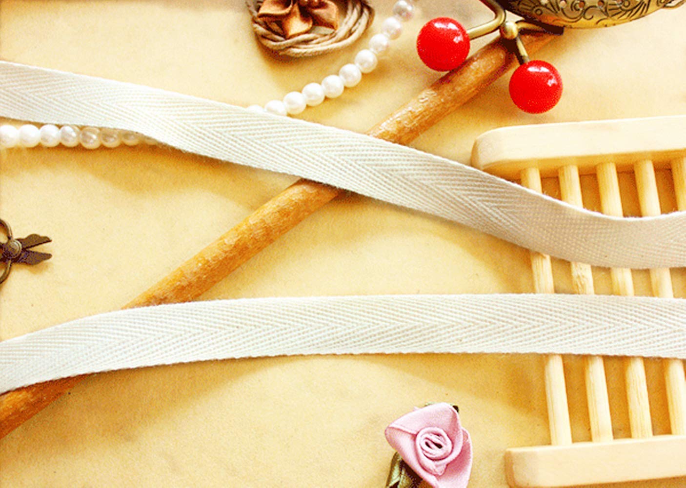 Abbaoww 50 Yards Cotton Twill Tape Ribbon 1/2 Inch, Soft Natural Webbing Tape Herringbone Tape for Sewing DIY Craft, Beige